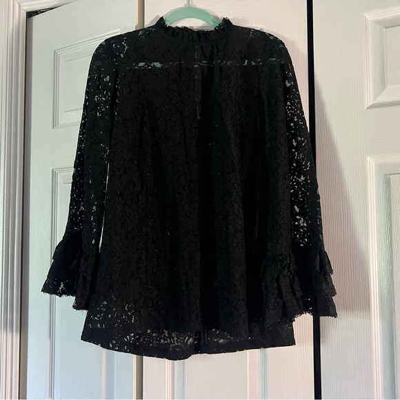 Zara | Tops | Zara Black Lace Blouse With Ruffle Sleeves Med | Poshmark